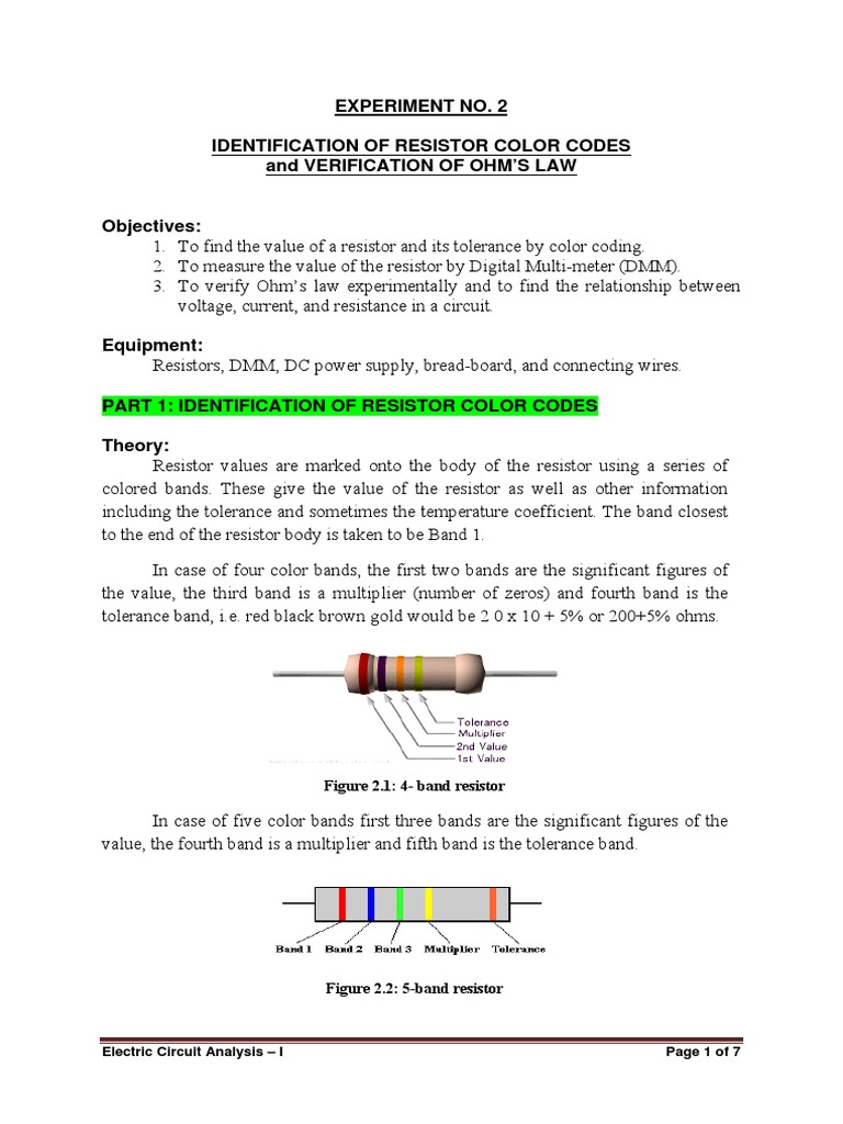 Experiment No. 2 Identification of Resistor Color Codes and Verification of Ohm'S Law | PDF ...