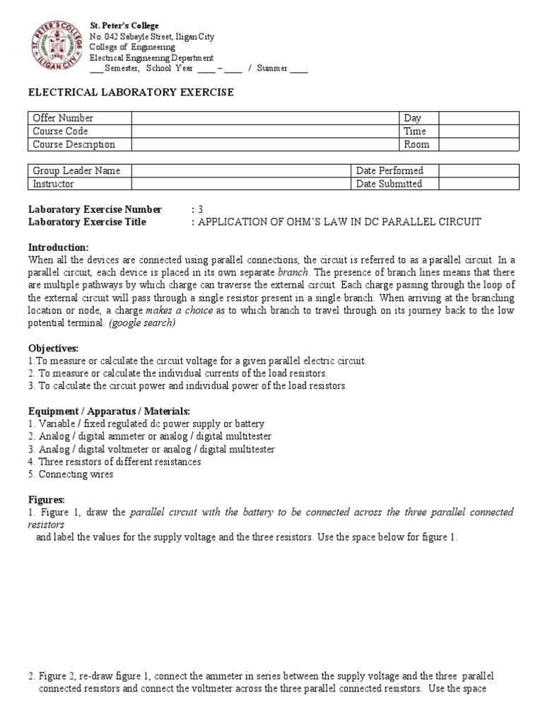 Laboratory No. 3 - Application of Ohms Law in DC Parallel Circuit | PDF | Resistor | Electrical ...