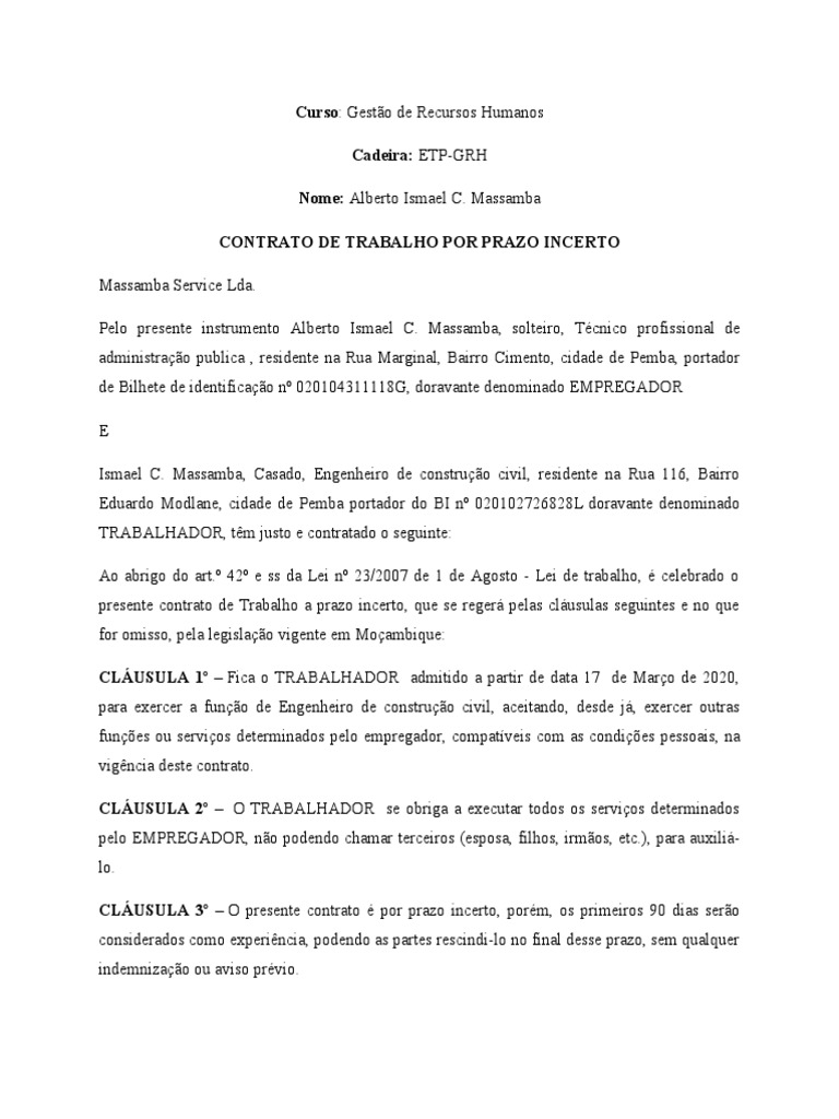 Contrato de Trabalho Por Prazo Indeterminado | PDF | Direito Privado | Business