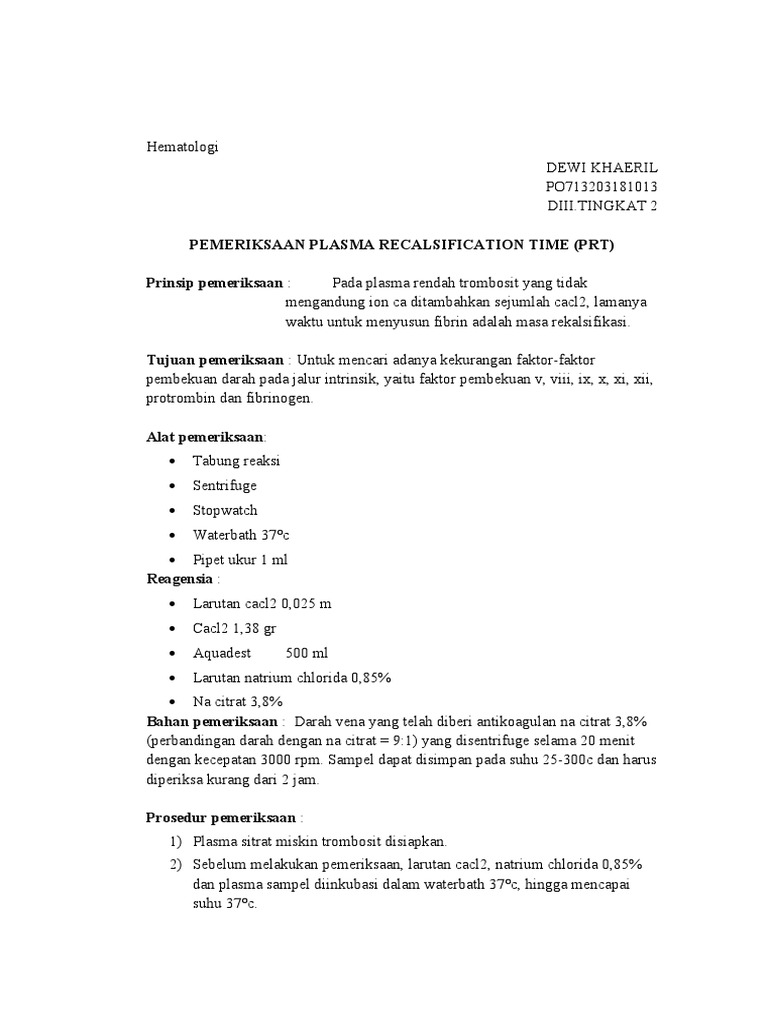 DEWI KHAERIL Pemeriksaan REKALSIFIKASI PLASMA | PDF