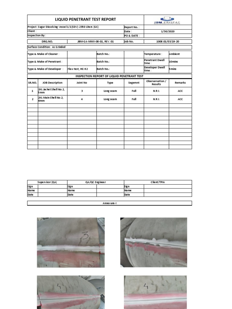 Liquid Penetrant Test Report: JBM-GA-MMX-08-01, REV. 01 1008.01/03/19 ...