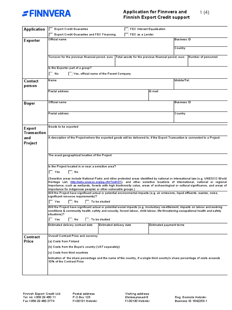 Finnvera Export Credit Application Form | PDF | Credit | Finance ...