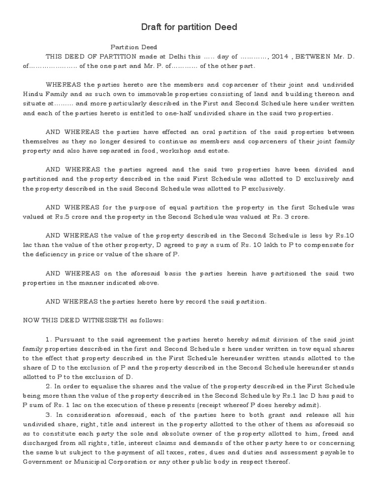 Partition Deed | PDF | Covenant (Law) | Deed