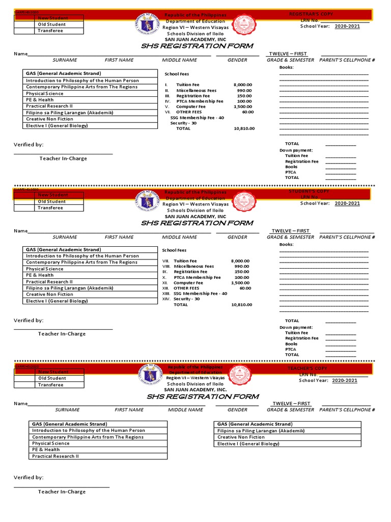 Shs Registration Form | Download Free PDF | Learning | Further Education