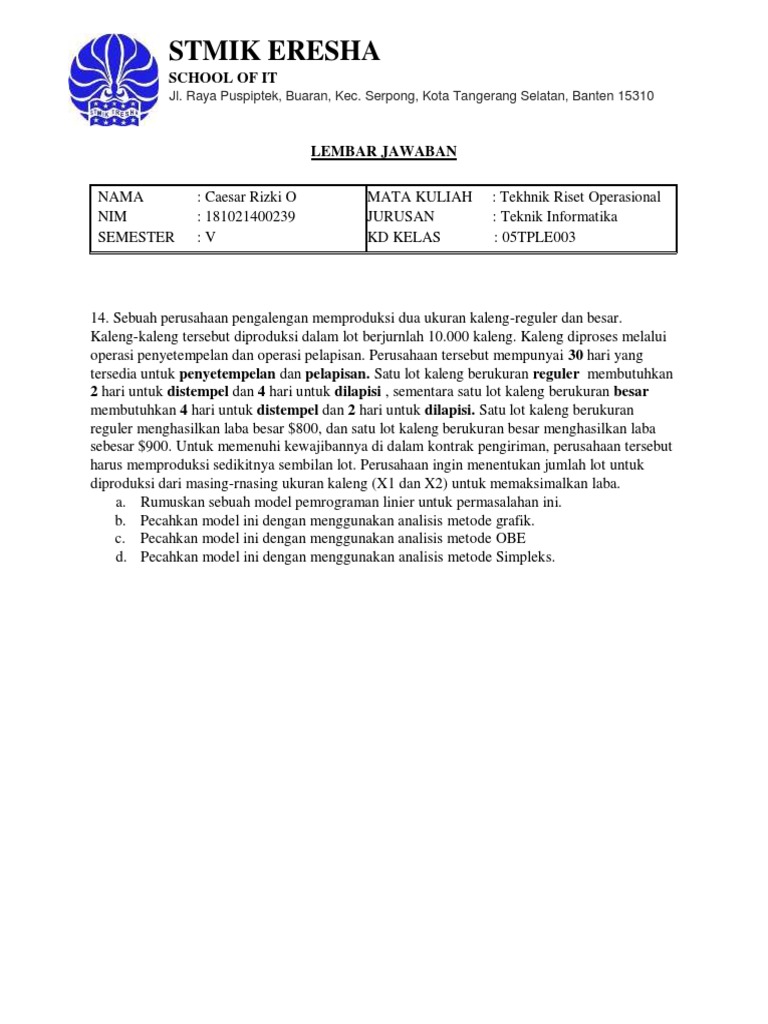 UTS - Tekhnik Riset Operasional - Caesar Rizki O - 181021400239 - 05TPLE003 PDF | PDF