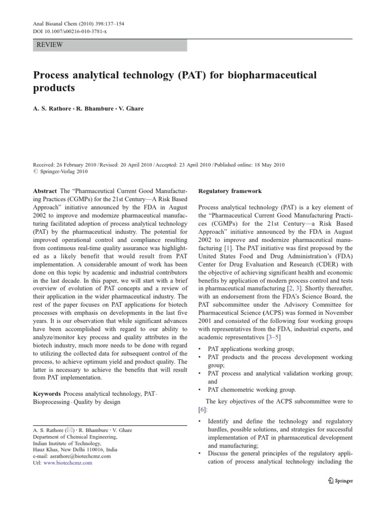 Process Analytical Technology (PAT) For Biopharmaceutical Products ...