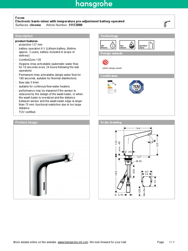 Ficha Tecnica Griferia Electronica Ref 31172000 - Hansgrohe | PDF
