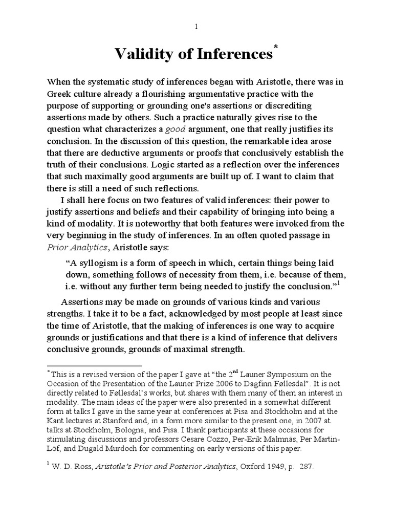 Validity of Inferences: Prior Analytics, Aristotle Says | PDF | Logical ...