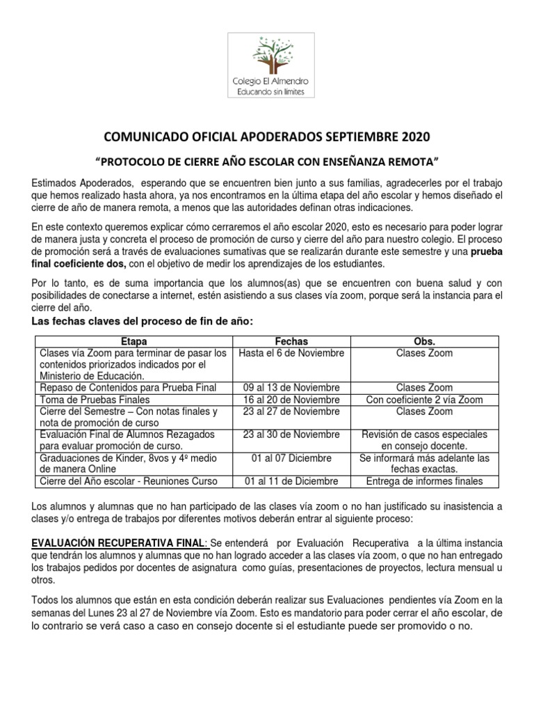 Comunicado Apoderados Cierre Año Escolar 2020 | PDF | Evaluación | Cognición
