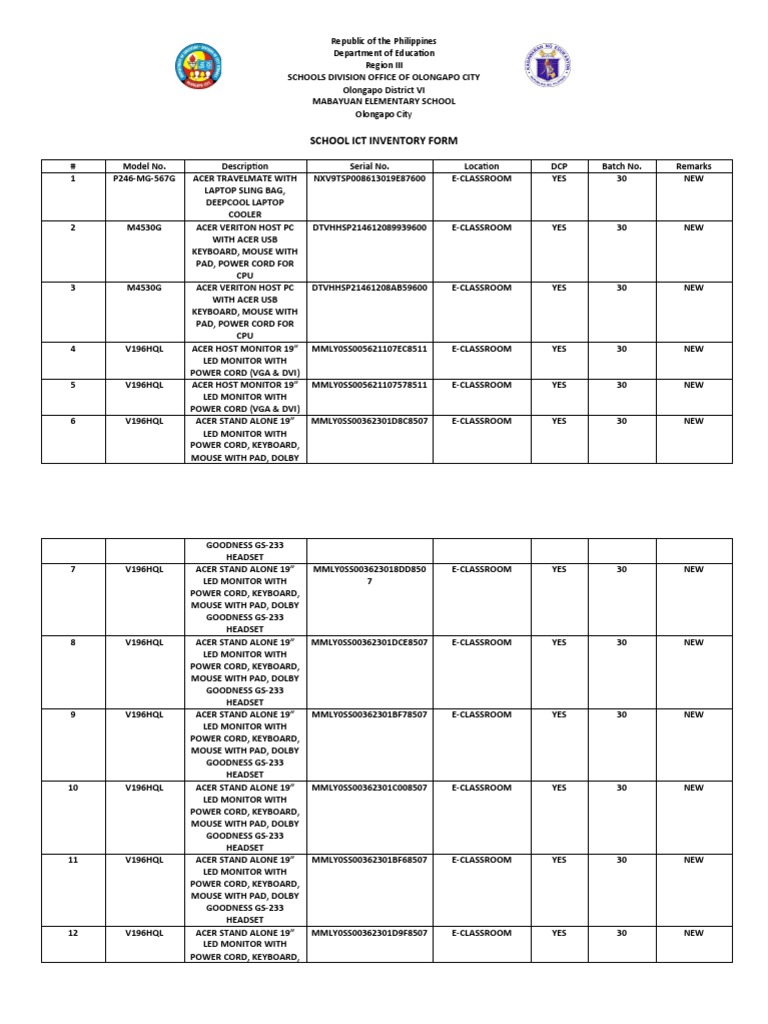 School Ict Inventory Form: Republic of The Philippines Department of ...