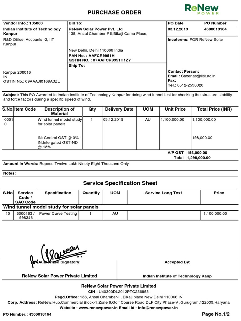 Purchase Order: S.No. Item Code Description of Material Qty Delivery Date UOM Unit Price Total ...