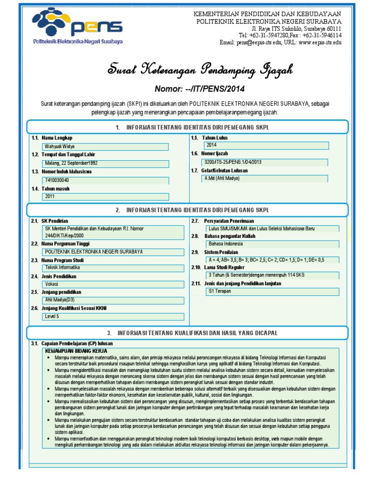 SKPI Politeknik Elektronika Surabaya | PDF