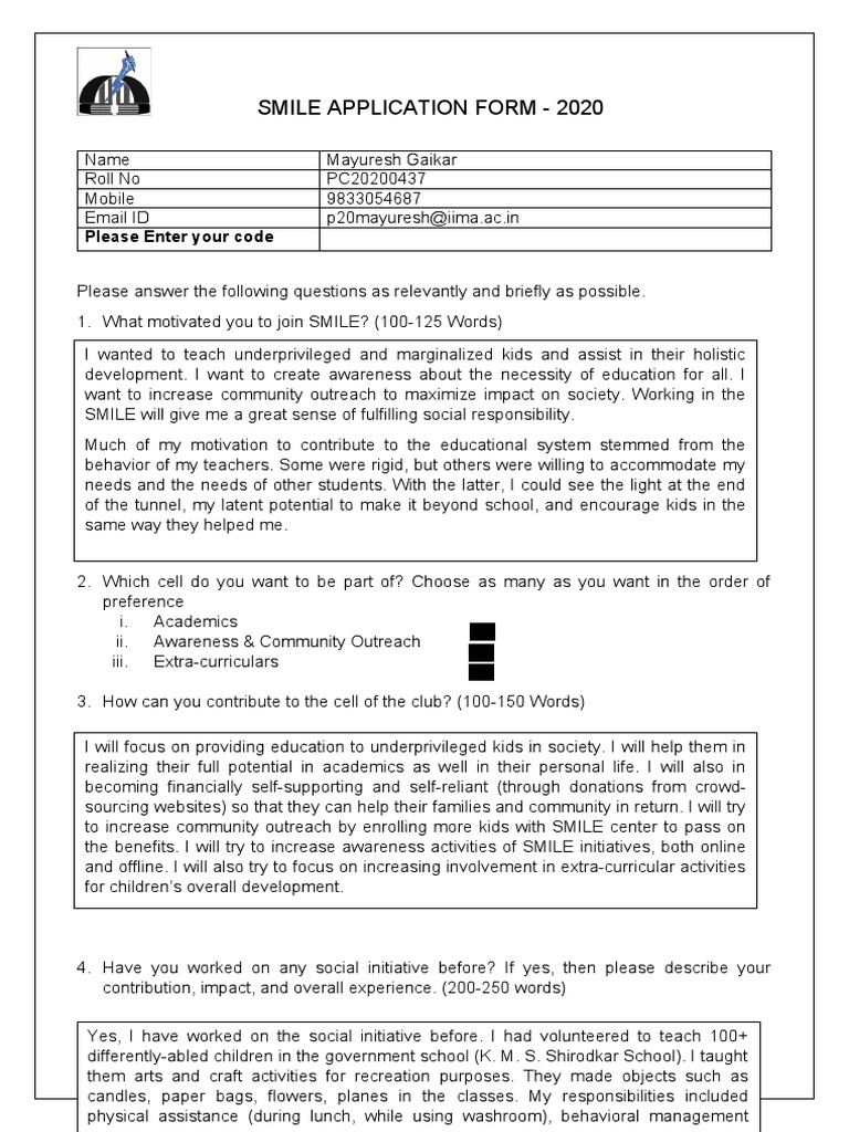 SMILE Club Application 2020 Form | PDF | Mentorship | Behavioural Sciences