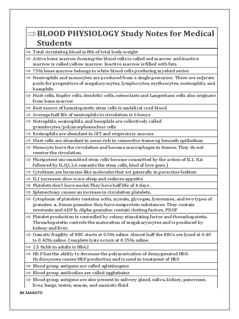 Blood Physiology Study Notes for MBBS | PDF | Blood Type | Granulocyte