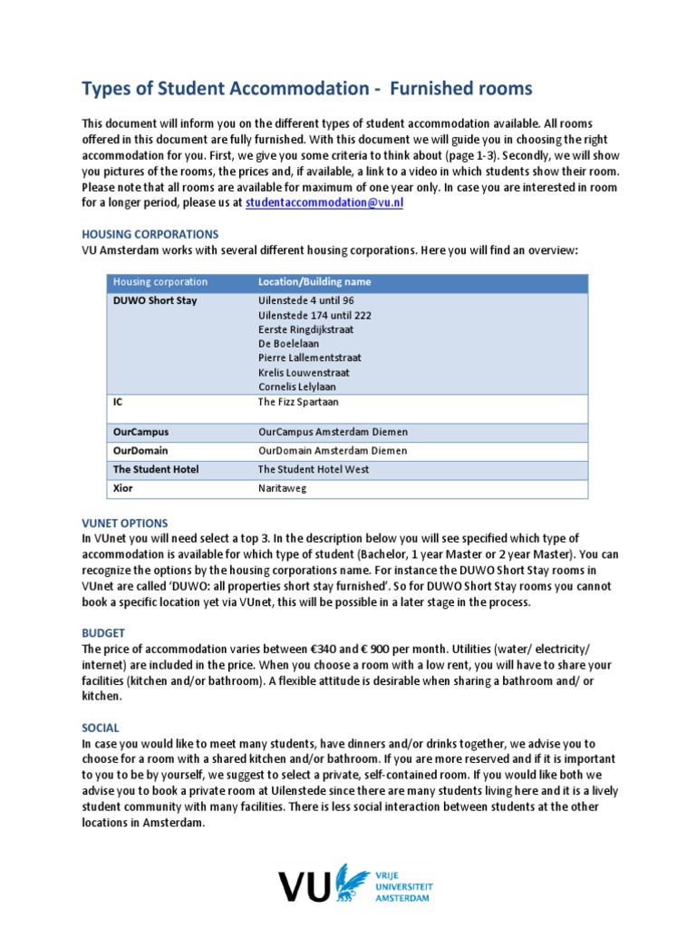 Types of Student Accommodation - Furnished Rooms: Housing Corporations ...