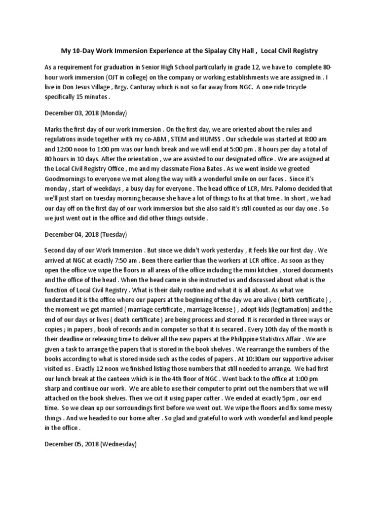 My 10-Day Work Immerssion Sample Journal | PDF