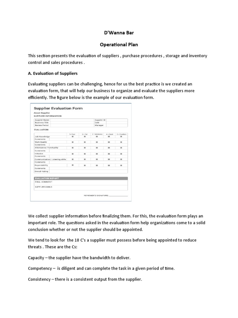 Operational Plan Sample | PDF | Drink | Inventory