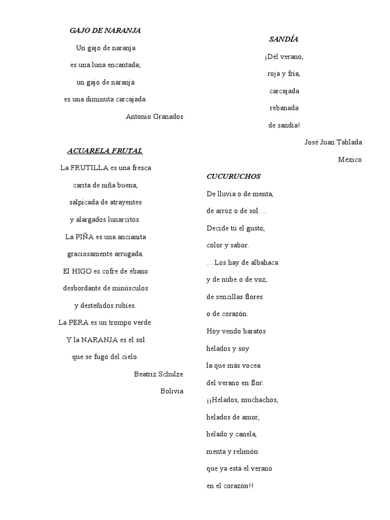 Poemas Cortos sobre Frutas y Comida | PDF | Plantas comestibles | Alimentos