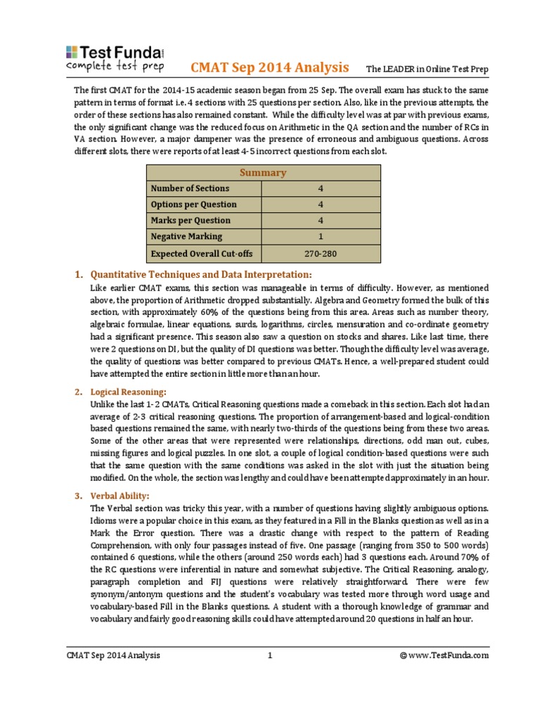 CMAT Sep 2014 Analysis: 1. Quantitative Techniques and Data Interpretation | PDF | Reading ...