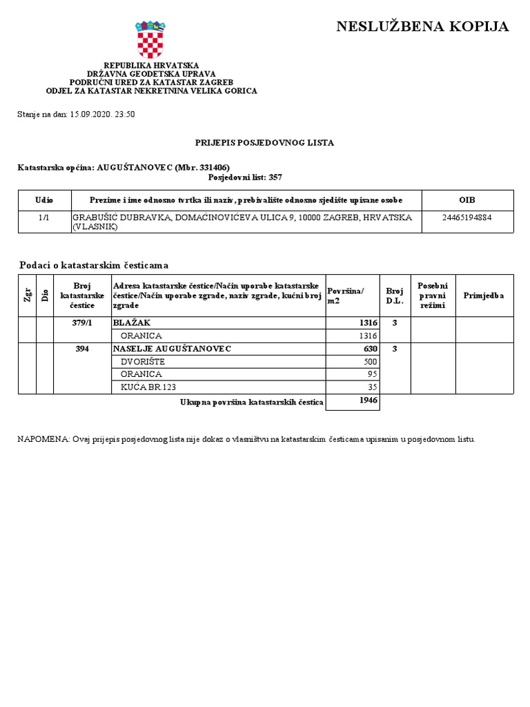 Prijepis Posjedovnog Lista-4 | PDF