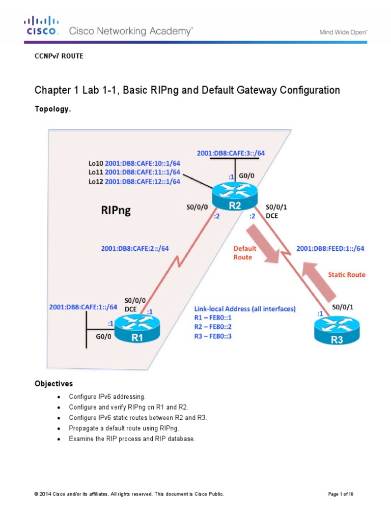 Chapter 1 Lab 1-1, Basic Ripng and Default Gateway Configuration | PDF | Router (Computing) | I Pv6