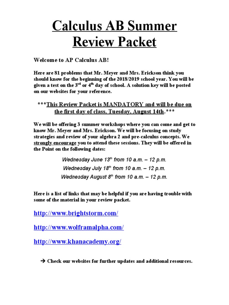 AP Calculus AB Summer Review Packet | PDF | Trigonometric Functions ...