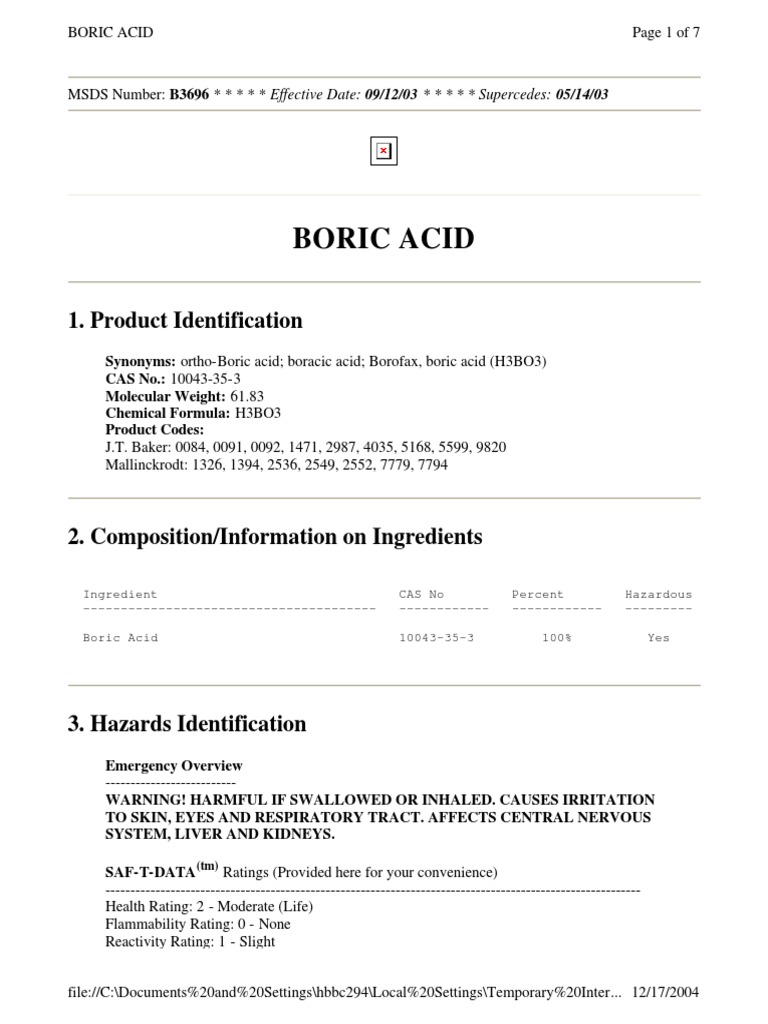 Boric Acid: 1. Product Identification | PDF | Breathing | Personal ...