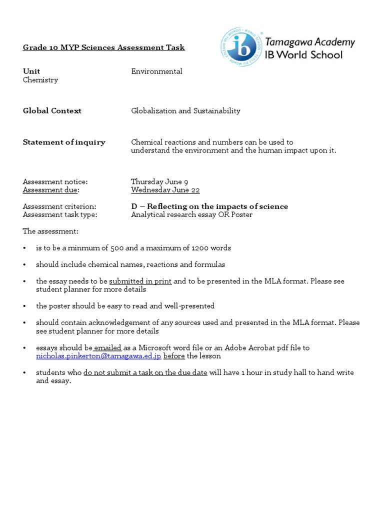 Grade 10 MYP Sciences Assessment Task Unit: Nicholas - Pinkerton ...