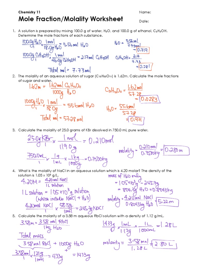 Mole Fraction/Molality Worksheet: Chemistry 11 | PDF