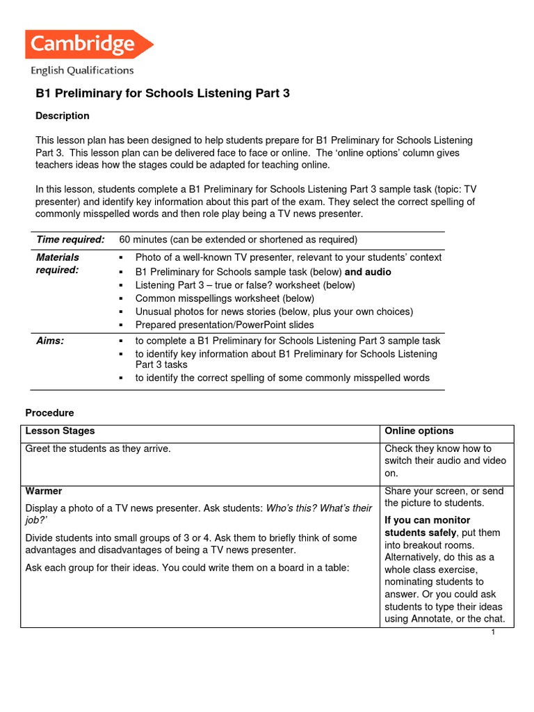 B1 Preliminary For Schools Listening Part 3: Description | PDF ...