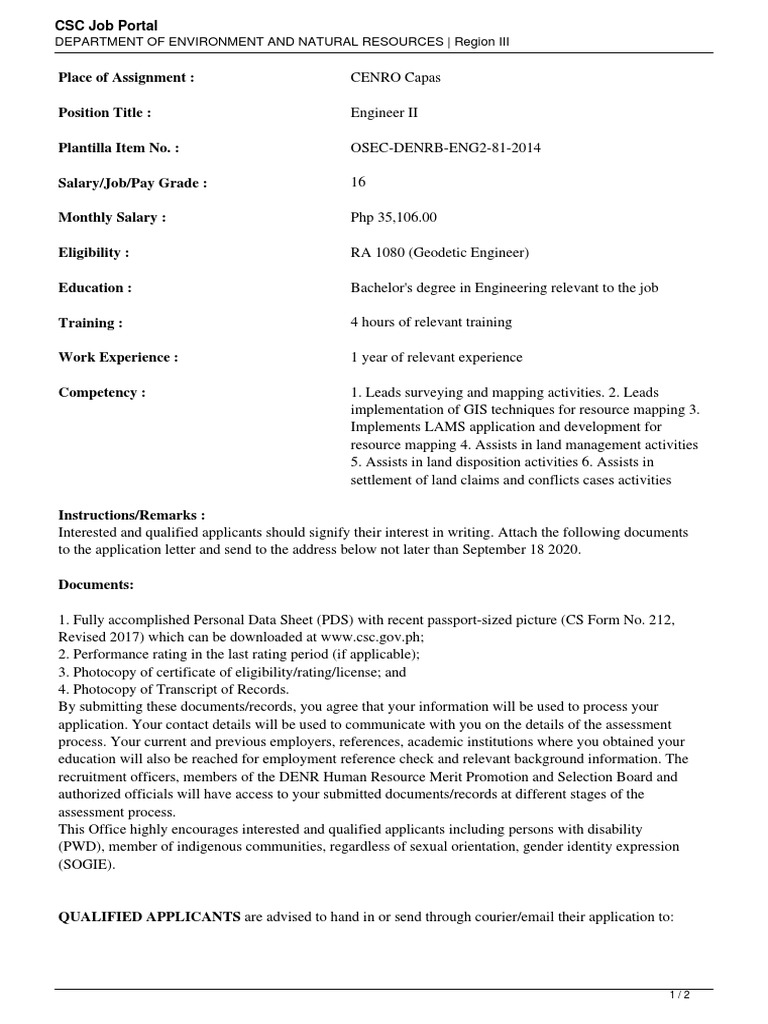 DEPARTMENT OF ENVIRONMENT AND NATURAL RESOURCES-Engineer II | PDF ...