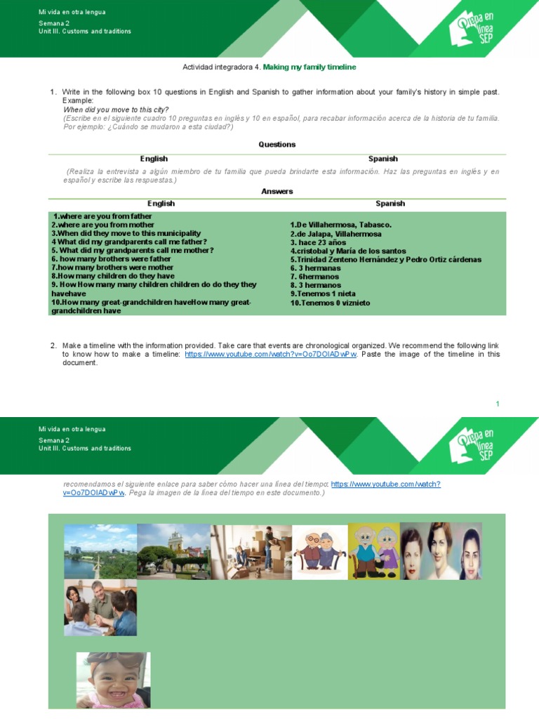 Mi vida en otra lengua Semana 2 family history timeline | PDF