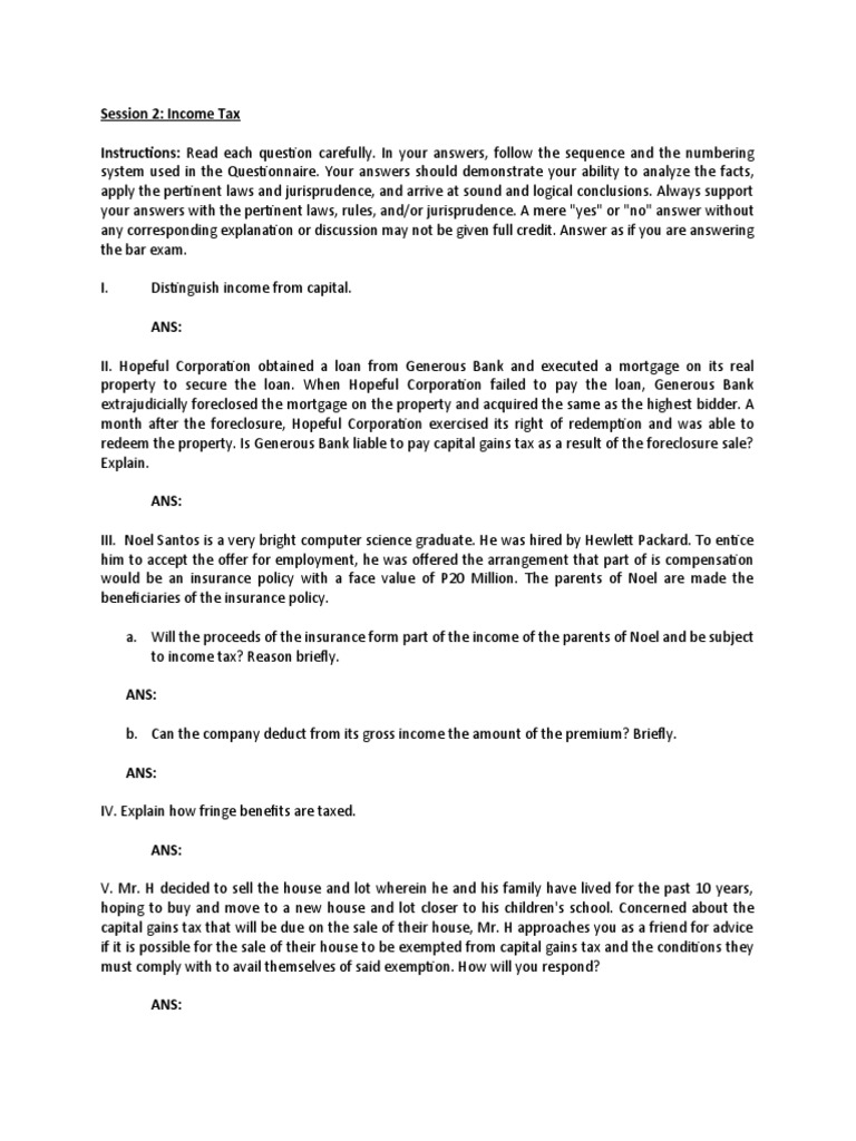 Session 2: Income Tax Instructions: Read Each Question Carefully. in ...
