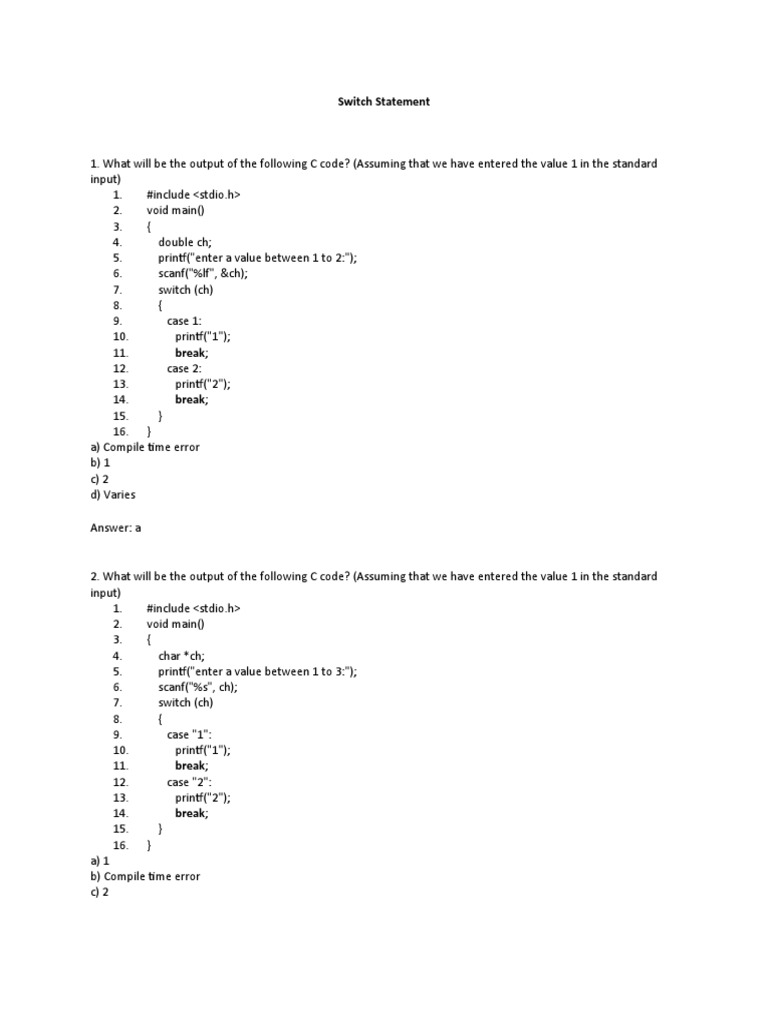 Switch Mcq Ans Pdf C Programming Language Notation