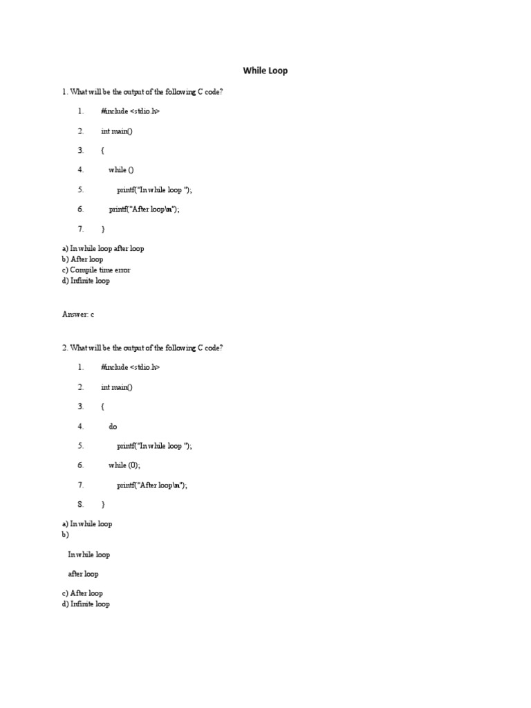 While Loop MCQ Ans PDF Control Flow C Programming Language 