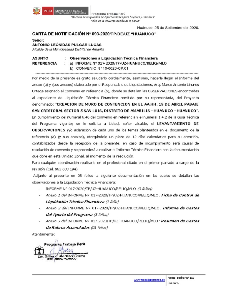 Carta de Notificación #093-2020-TP-DE-UZ - HUANUCO-OBSERVACIONES A LIQUIDACIÓN 10-0023-CP.01 ...