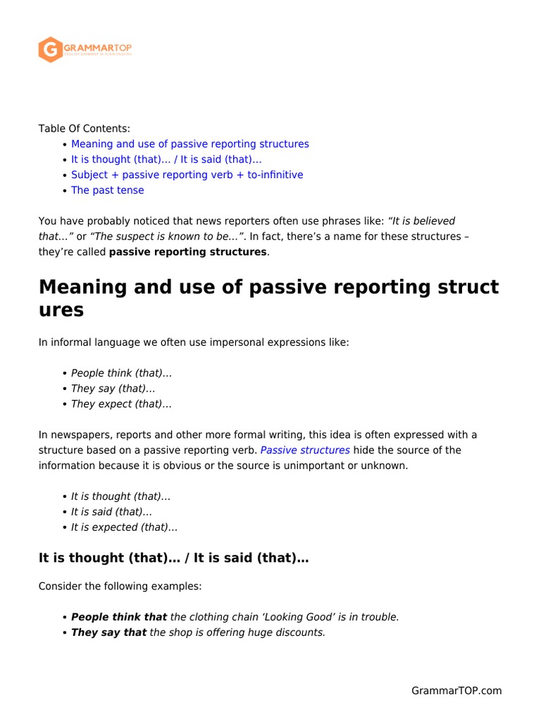 Reported Speech - Passive Reporting Structures PDF | PDF | Verb | Perfect (Grammar)