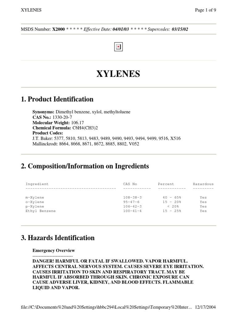 Xylenes: 1. Product Identification | PDF | Fires | Occupational Safety ...