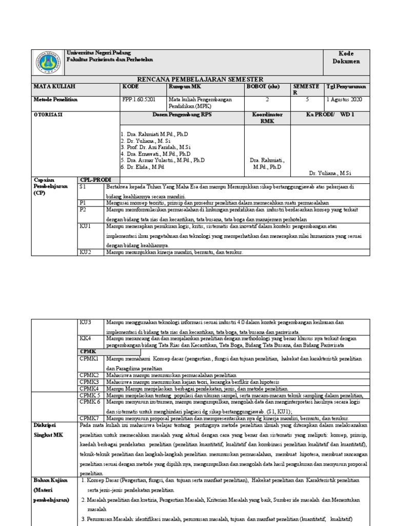 RPS Metodologi Penelitian | PDF