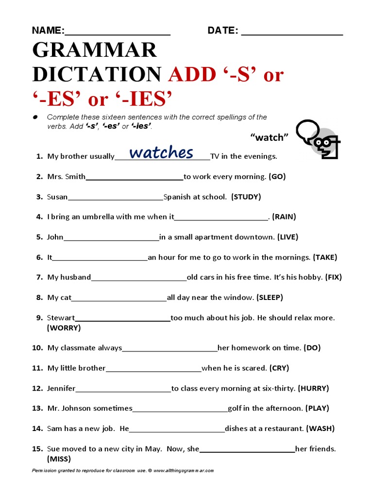 ADD - S' or - ES' or - IES': Grammar Dictation | PDF