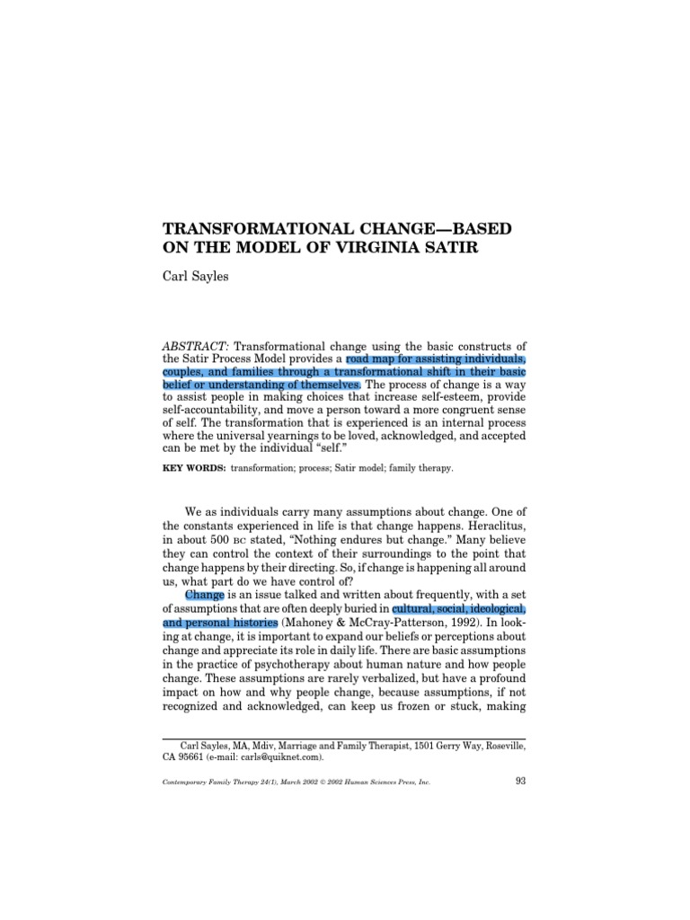 Transformational Change via Satir Model | PDF | Psychotherapy | Self Esteem