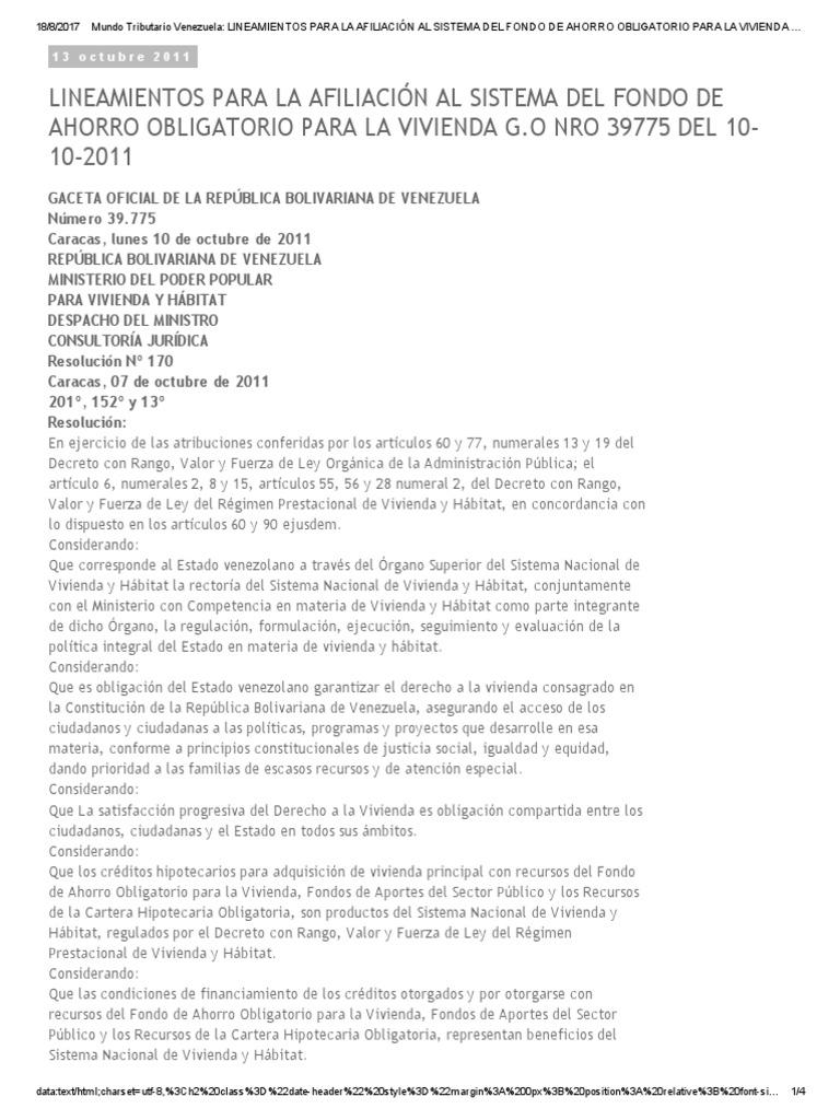 RESOLUCION N°170 - Lineamientos para La Afiliacion Al Sistema FAOV ...