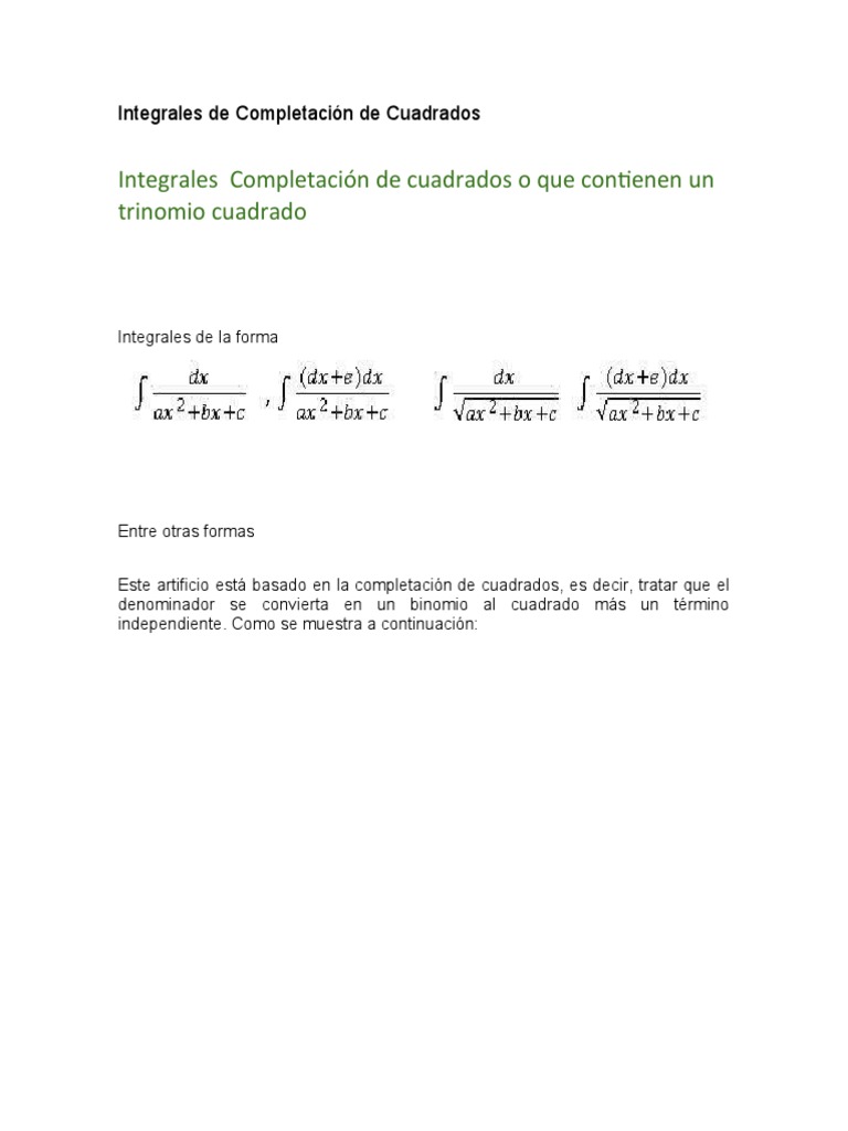 Integrales Acompletacion de Cuadrados | PDF | Fracción (Matemáticas ...