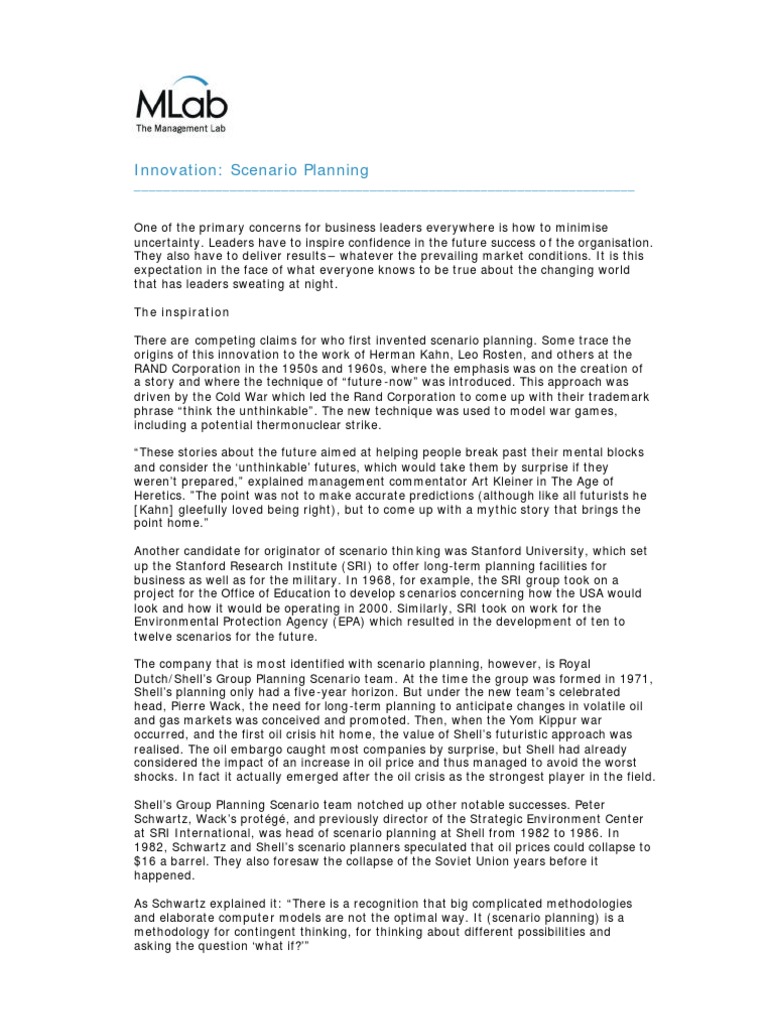 Innovation: Scenario Planning: The Inspiration | PDF | Scenario ...