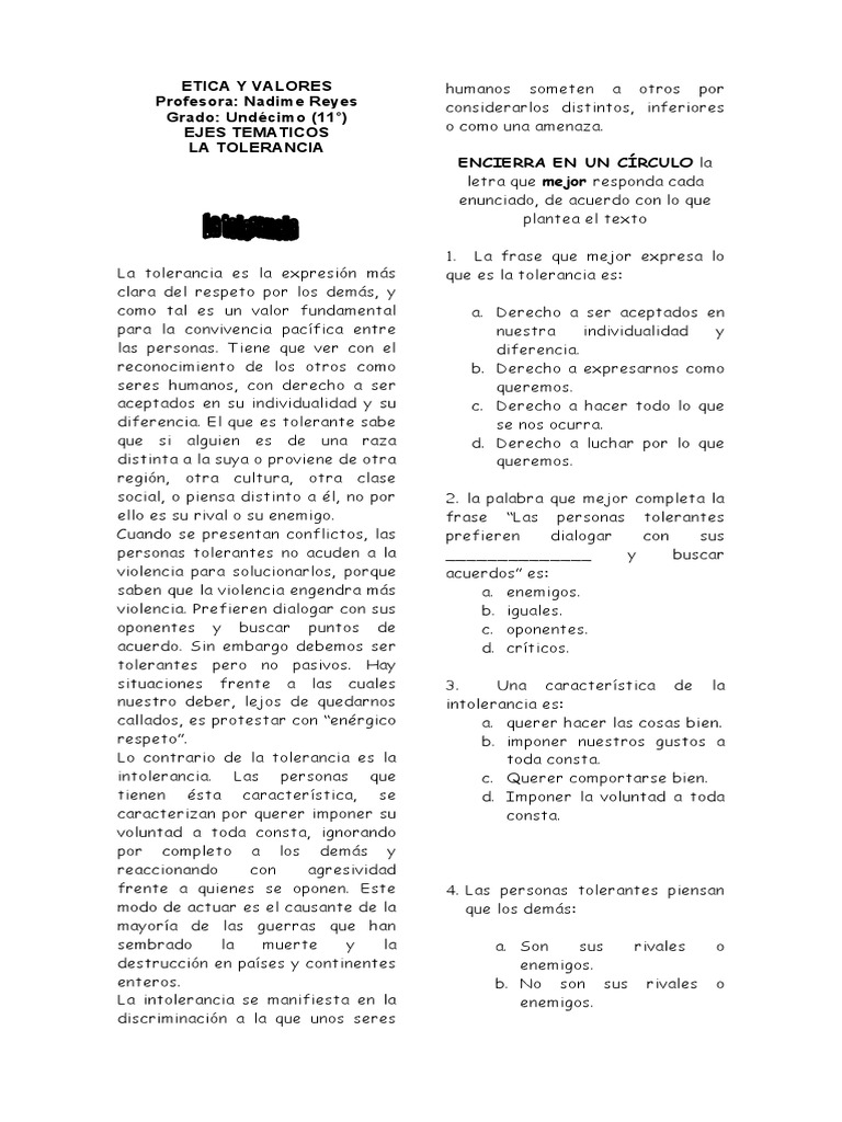 Etica y Valores Taller Tolerancia | PDF | Tolerancia | Prejuicios