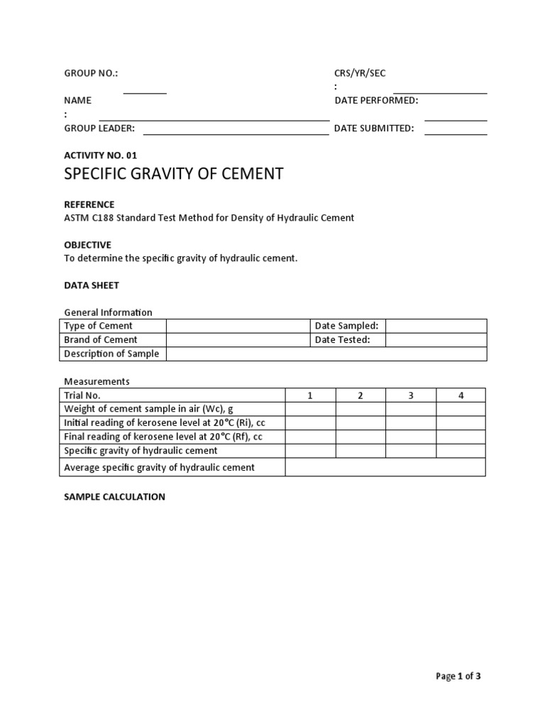 CMT 01 Specific Gravity of Hydraulic Cement | PDF