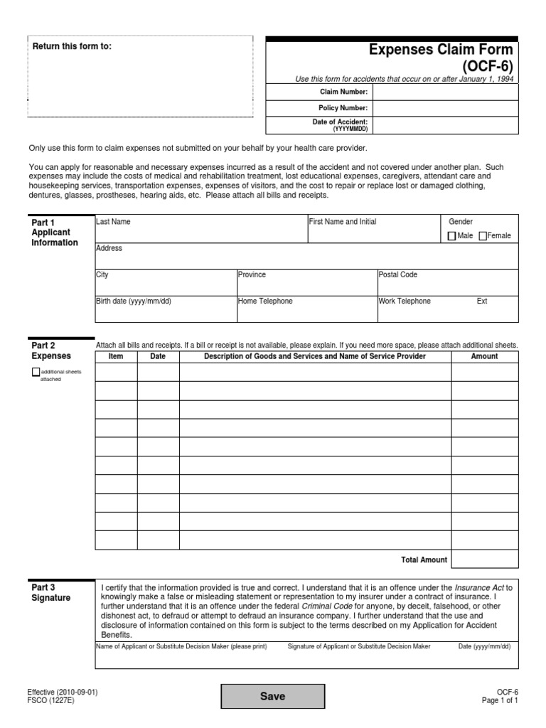 Expenses Claim Form (OCF-6) : Return This Form To | PDF | Insurance | Medicine