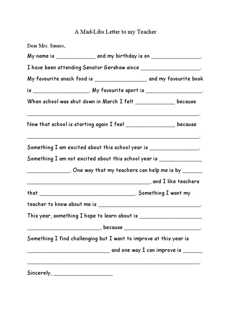 Mad-Libs Birthday Letter to Teacher | PDF