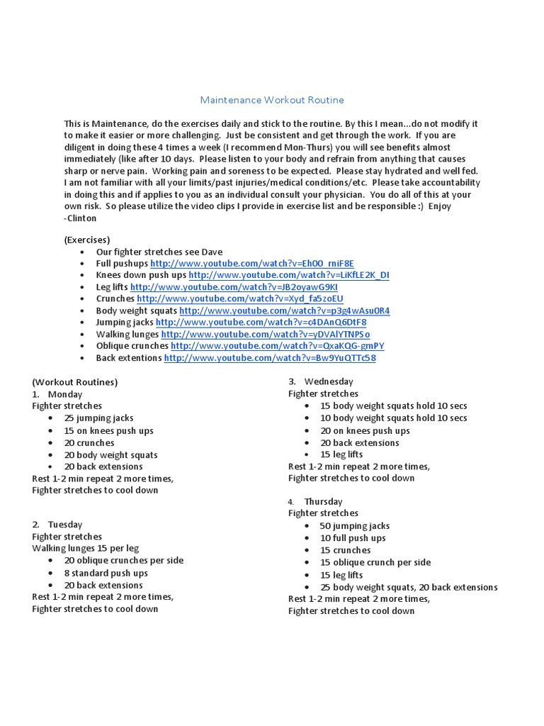 Maintenance Workout Routine | PDF | Knee | Recreation