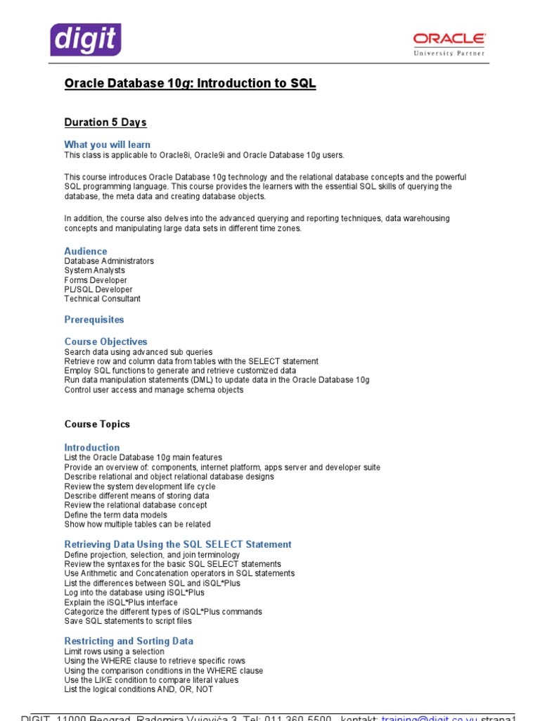 Oracle Database 10g: Introduction To SQL: Duration 5 Days | PDF ...